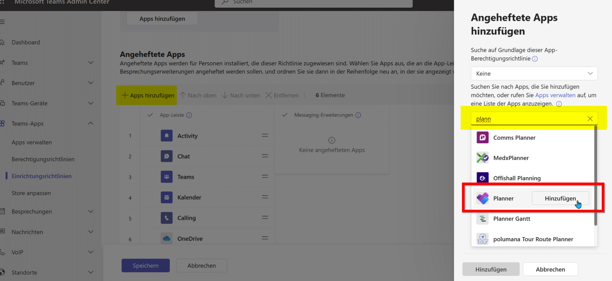 Teams App-Icons für alle Benutzer in linker Sidebar anheften